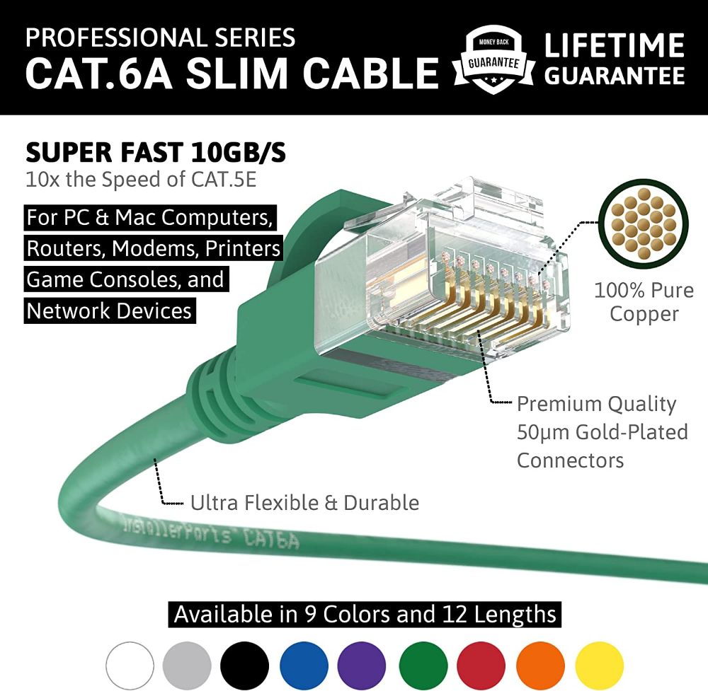 Ethernet Patch Cable CAT6A Cable Slim - Green - Professional Series